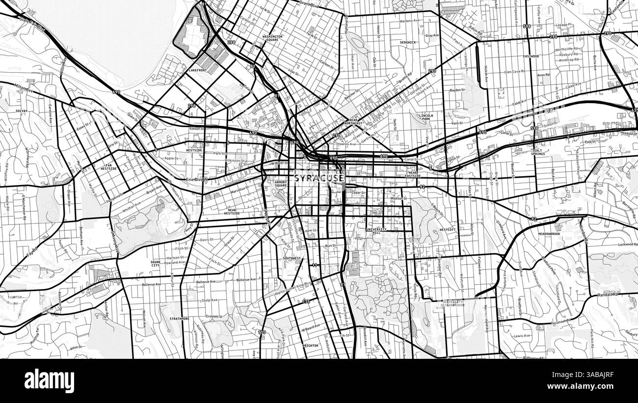 Minimalist Syracuse Street Map with Labels and Neighborhoods with many ...