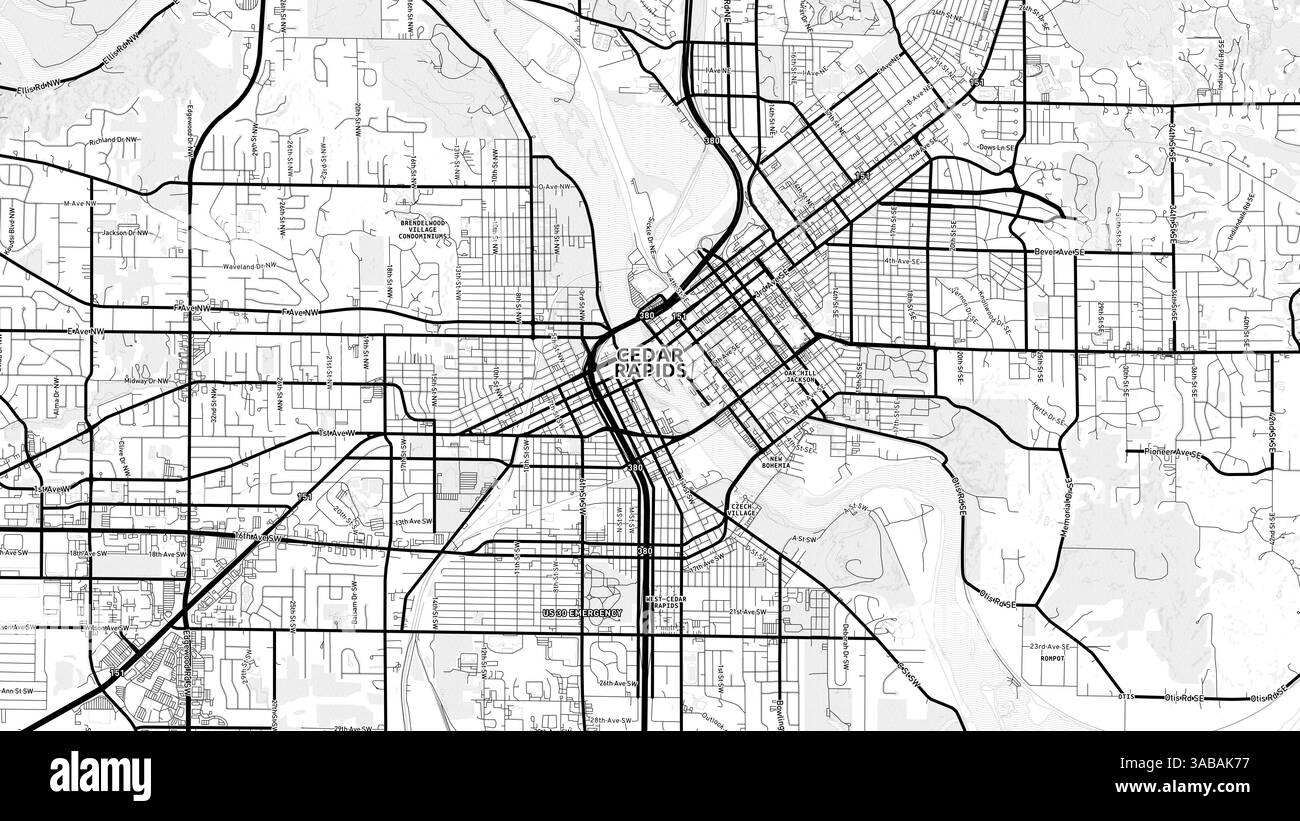 Minimalist Cedar Rapids Street Map with Labels and Neighborhoods with ...