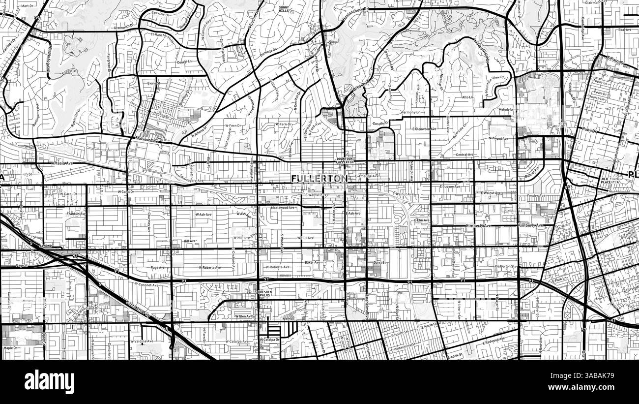 Minimalist Fullerton Street Map with Labels and Neighborhoods with many ...