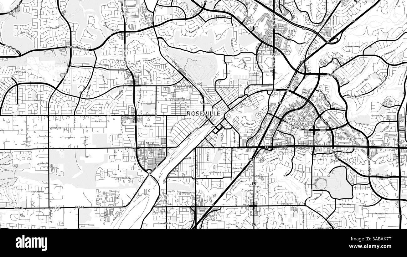 Minimalist Roseville Street Map with Labels and Neighborhoods with many ...
