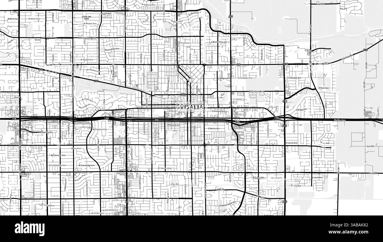 Minimalist Visalia Street Map with Labels and Neighborhoods with many ...