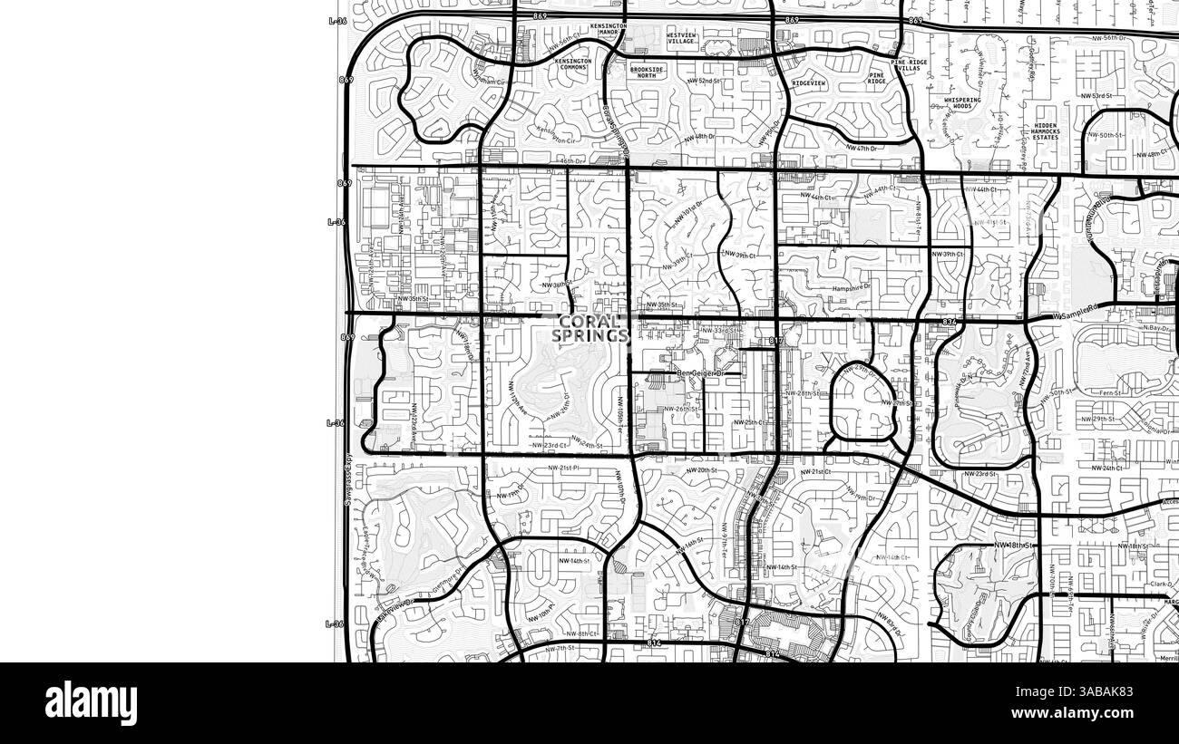 Minimalist Coral Springs Street Map with Labels and Neighborhoods with ...