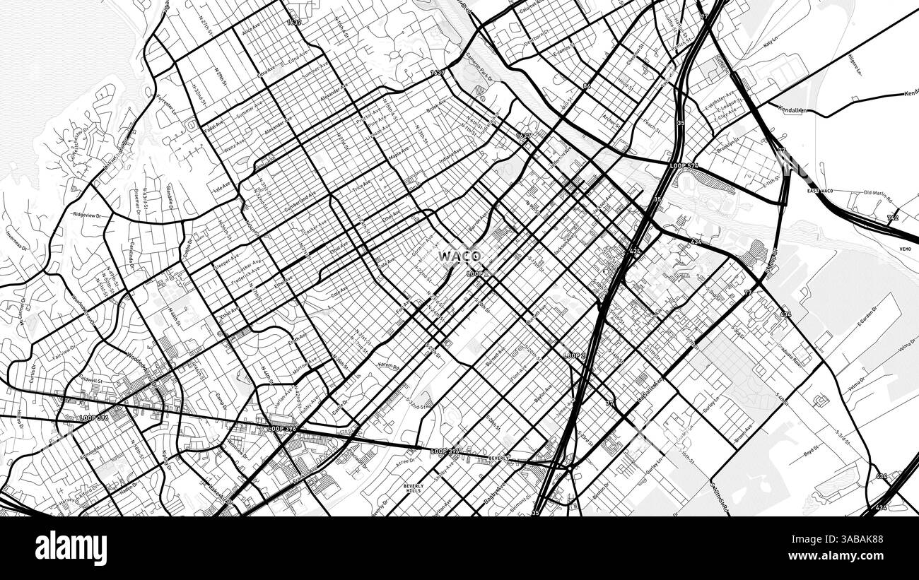 Minimalist Waco Street Map with Labels and Neighborhoods with many ...