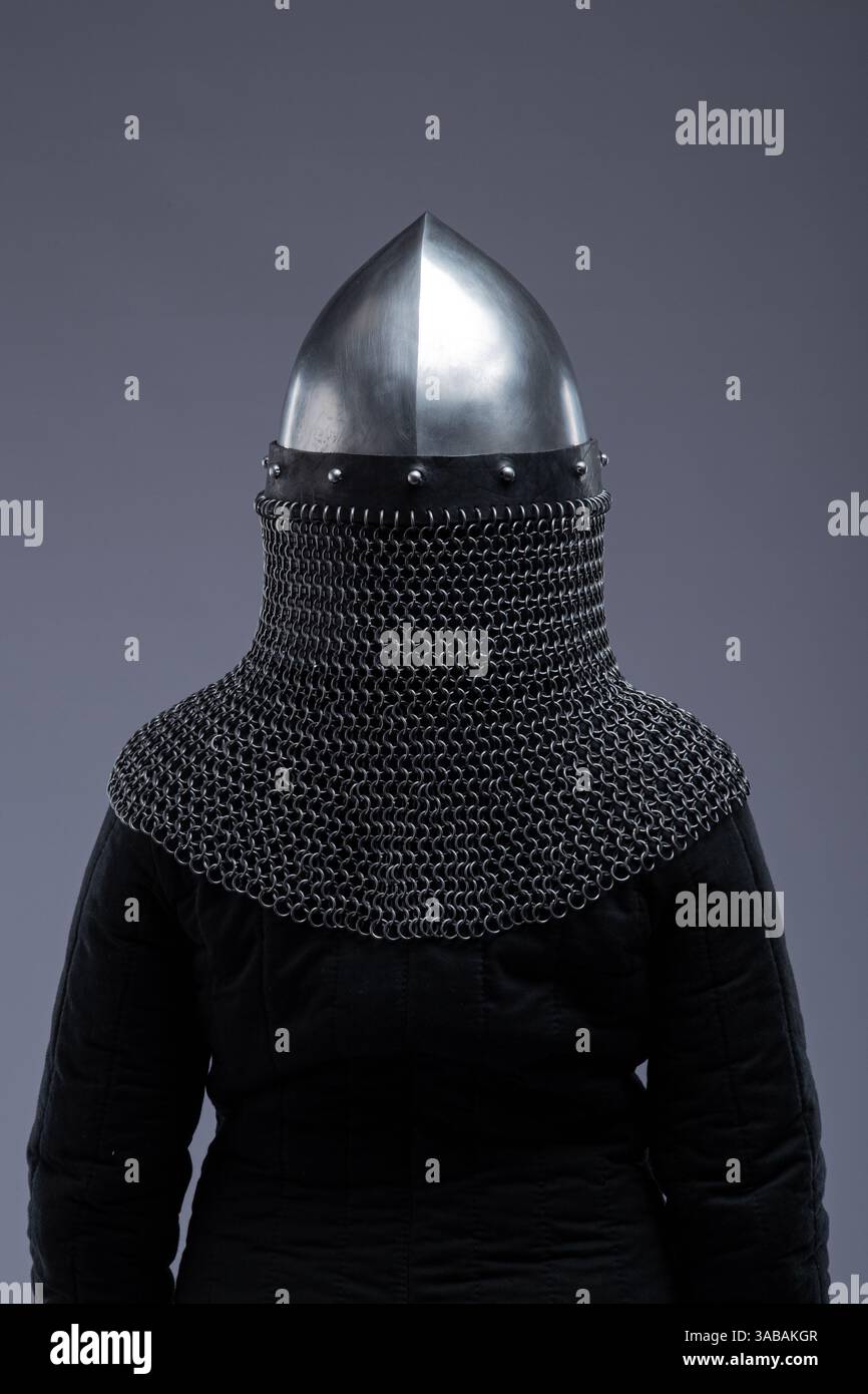 Norman Helmet with Chainmail Aventail. Medieval head protection with nasal bar and attached ...
