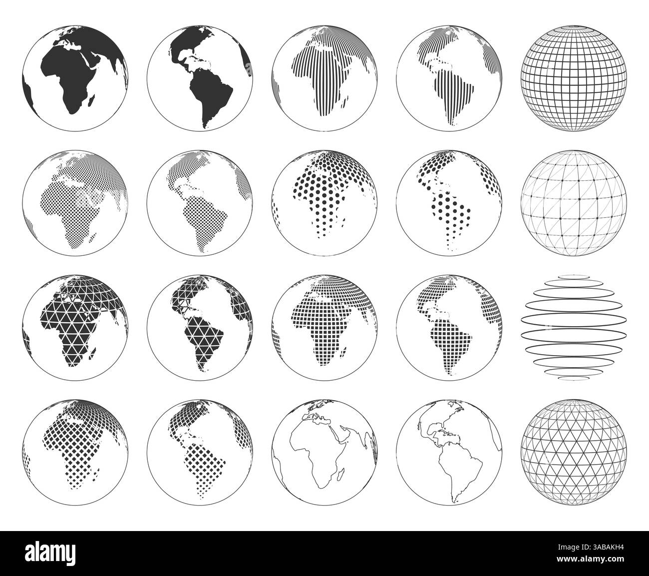 Set of various vector three-dimensional abstract earth models. Collection of globes with ...