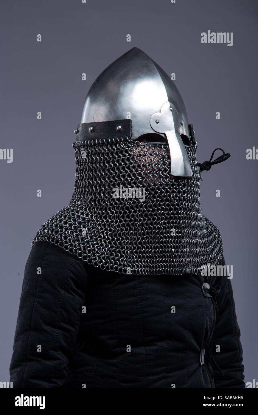 Norman Helmet with Chainmail Aventail. Medieval head protection with nasal bar and attached ...