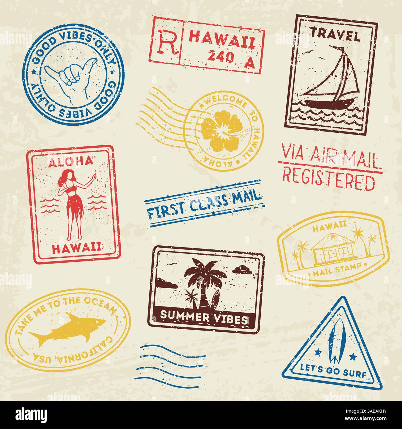 Summer beach post stamps. Hand drawn vector palm trees and beach ...