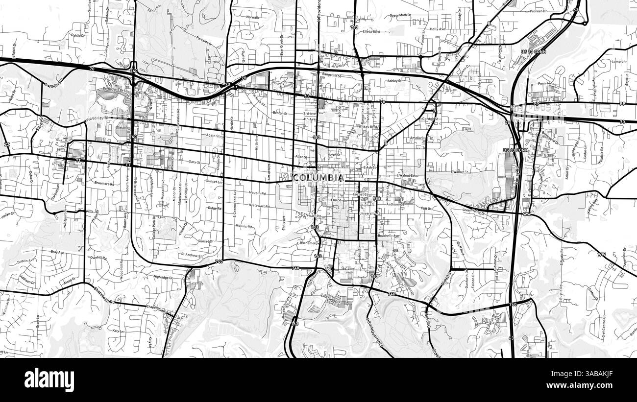 Minimalist Columbia Street Map with Labels and Neighborhoods with many ...