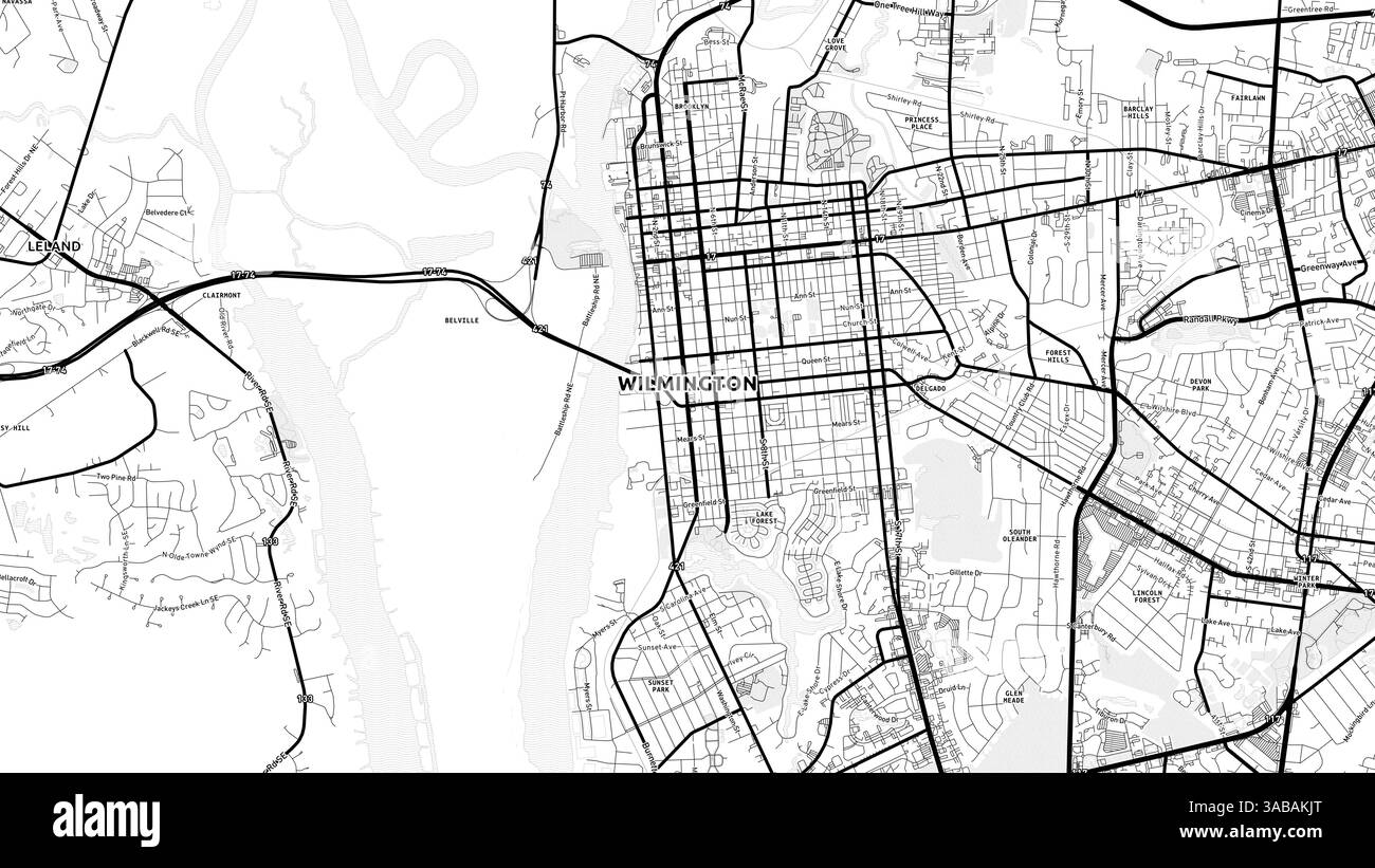 Minimalist Wilmington Street Map with Labels and Neighborhoods with ...