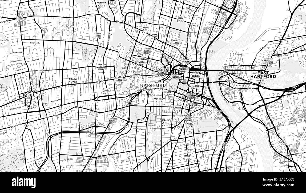 Minimalist Hartford Street Map with Labels and Neighborhoods with many ...