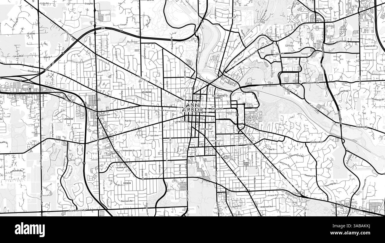 Minimalist Ann Arbor Street Map with Labels and Neighborhoods with many ...