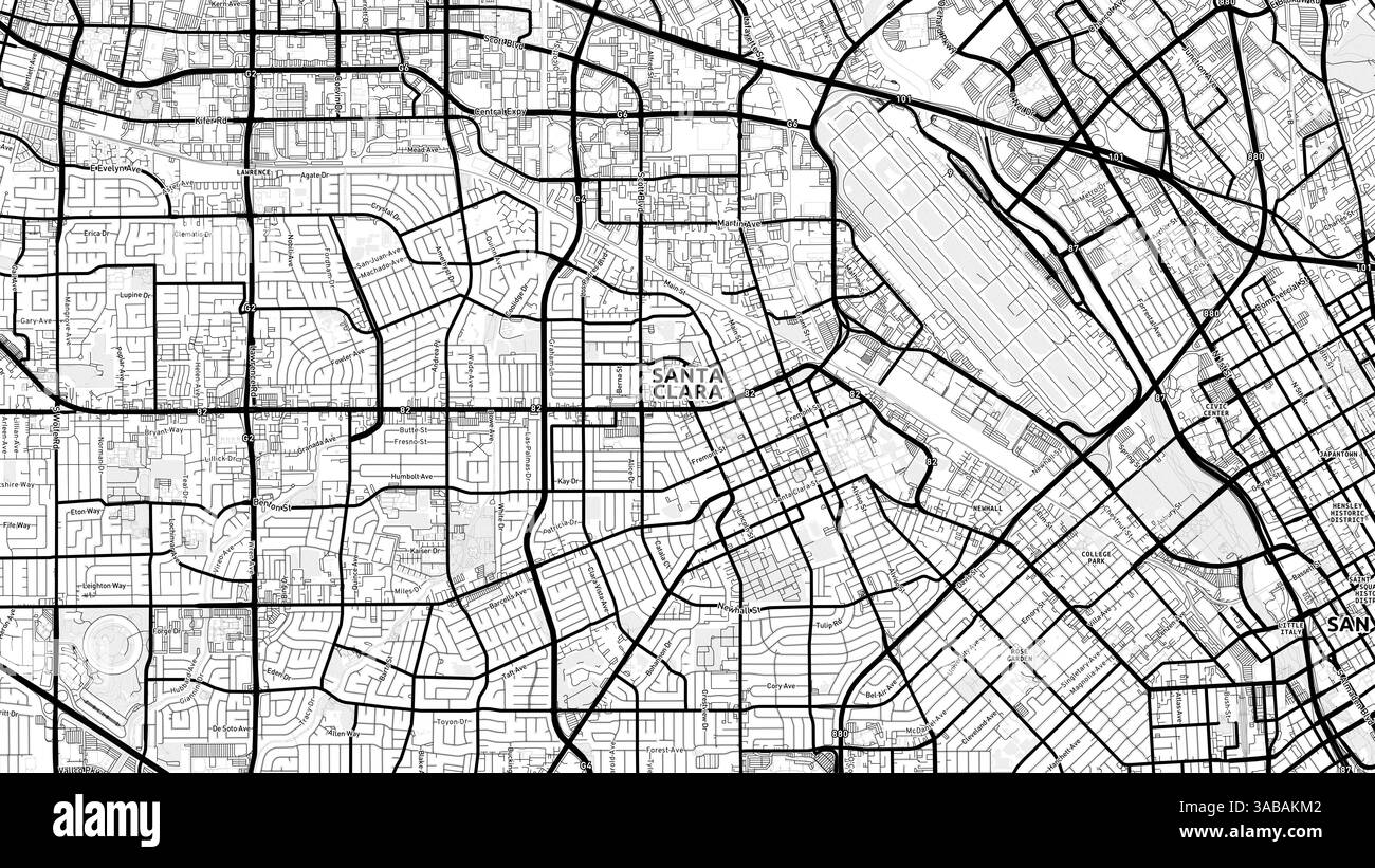 Minimalist Santa Clara Street Map with Labels and Neighborhoods with ...
