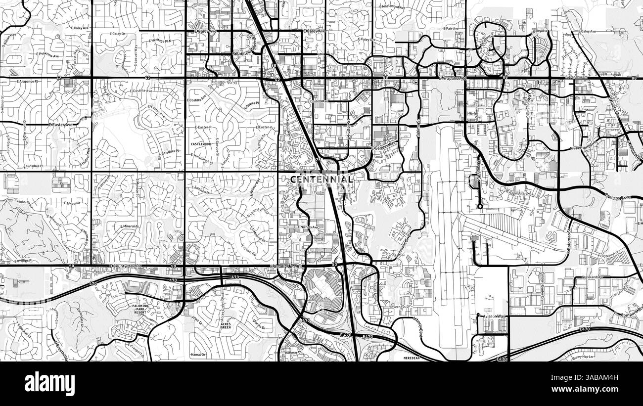 Minimalist Centennial Street Map with Labels and Neighborhoods with ...