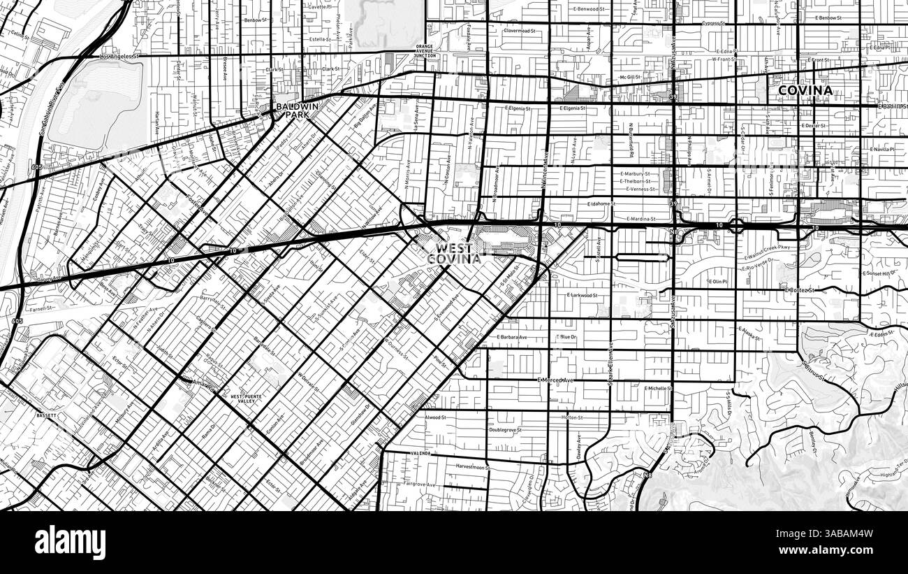 Minimalist West Covina Street Map with Labels and Neighborhoods with ...