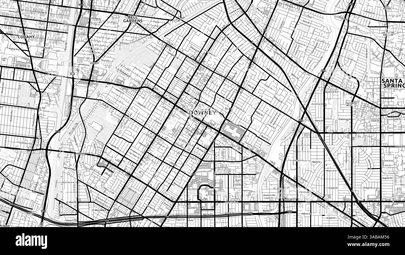 Minimalist Downey Street Map with Labels and Neighborhoods with many ...