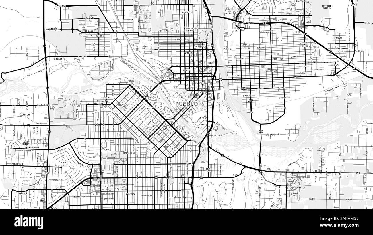 Minimalist Pueblo Street Map with Labels and Neighborhoods with many ...