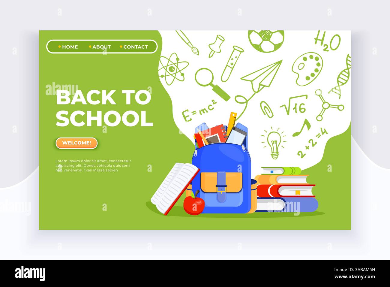 Back to school banner. Backpack, apple, books and school supplies on ...