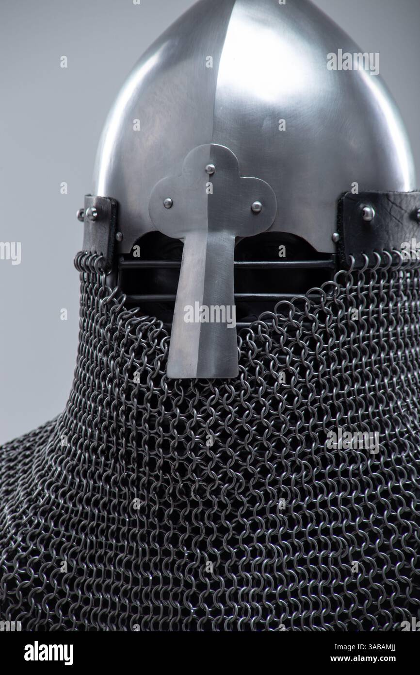 Silver Norman Helmet with Nasal Bar. This image shows a shiny silver ...