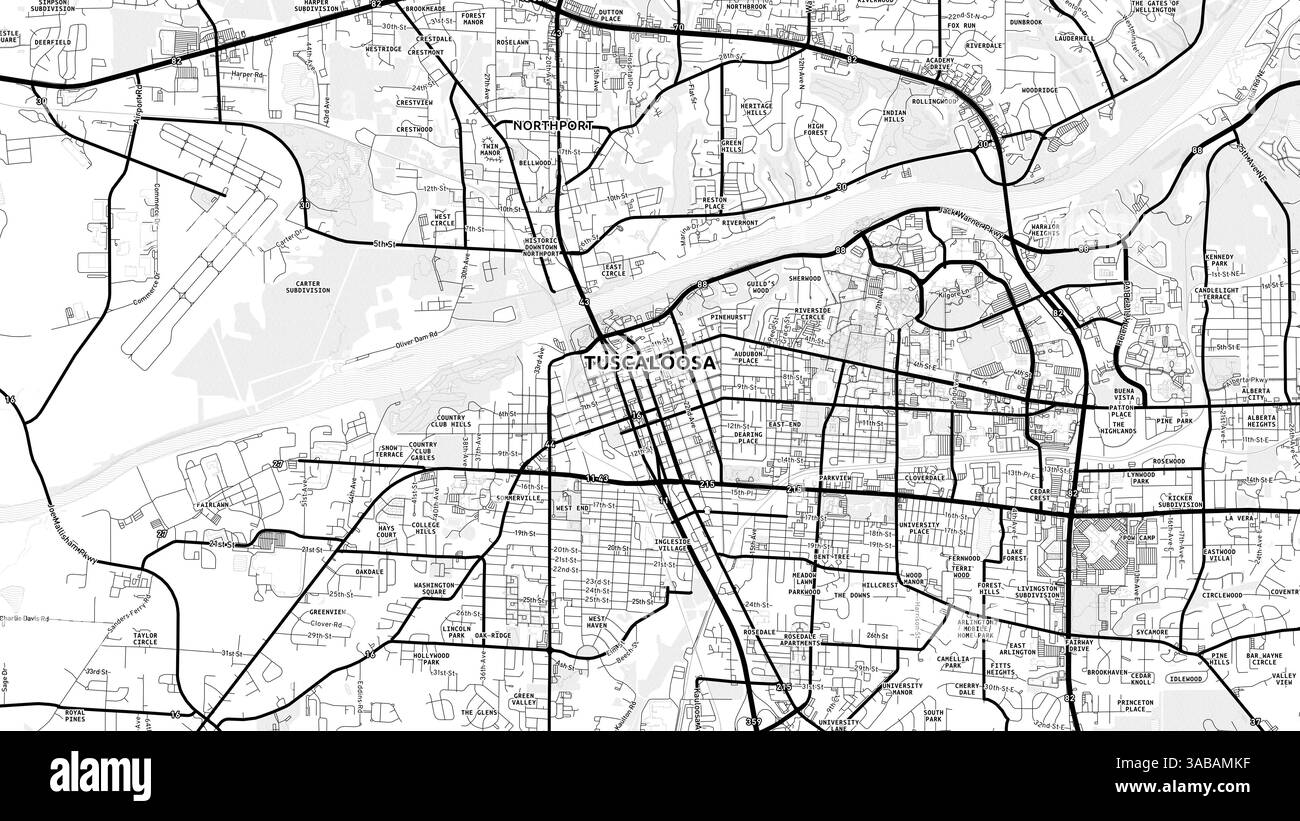 Minimalist Tuscaloosa Street Map with Labels and Neighborhoods with ...