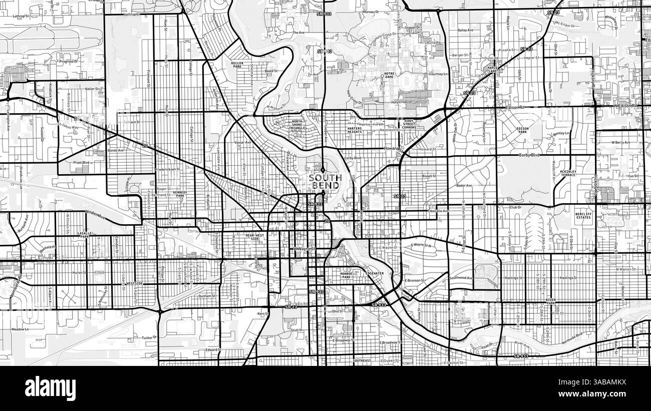 Minimalist South Bend Street Map with Labels and Neighborhoods with ...