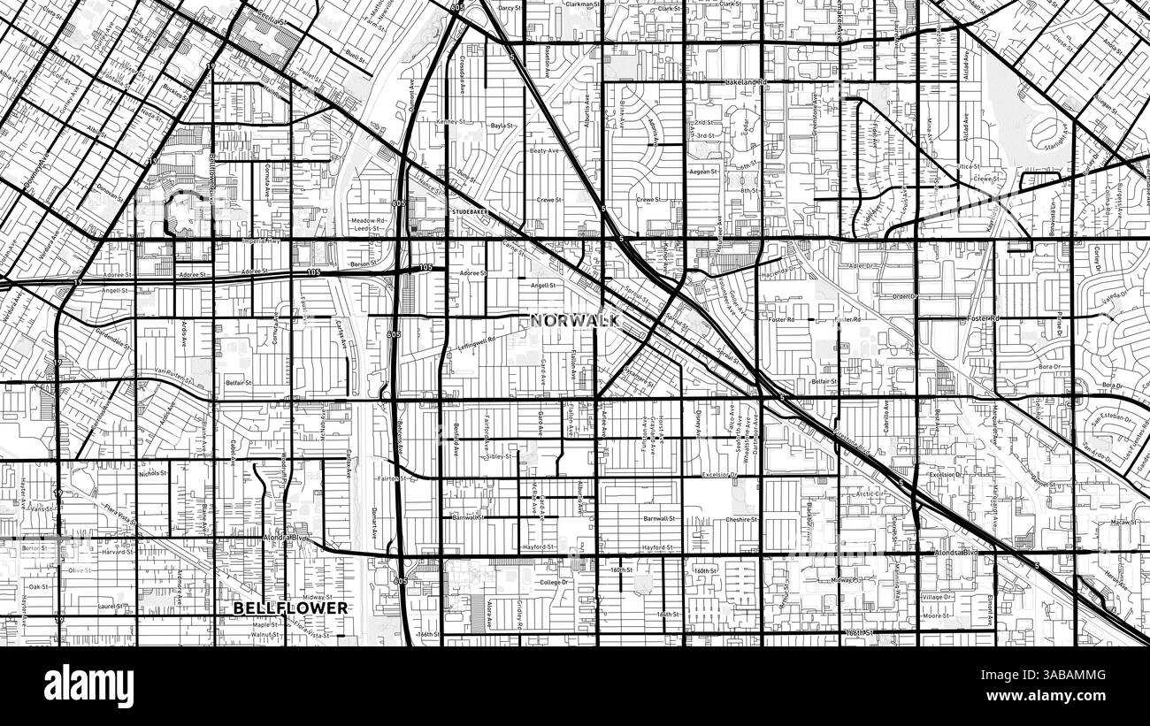Minimalist Norwalk Street Map with Labels and Neighborhoods with many ...