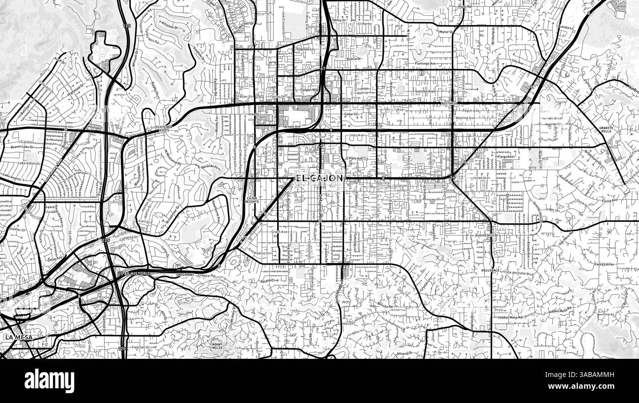 Minimalist El Cajon Street Map with Labels and Neighborhoods with many ...