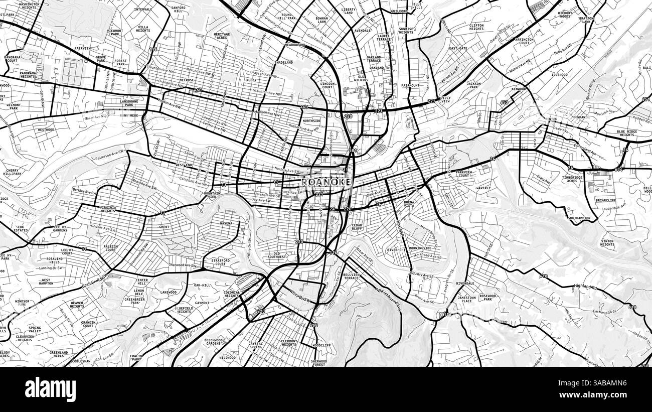 Minimalist Roanoke Street Map with Labels and Neighborhoods with many ...