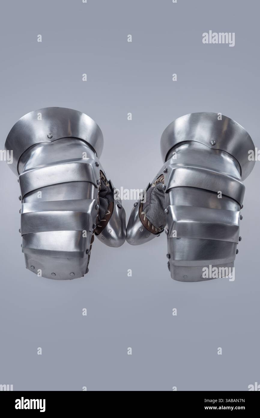 Pair of Silver Steel Gauntlets with Leather Interior. This image shows ...