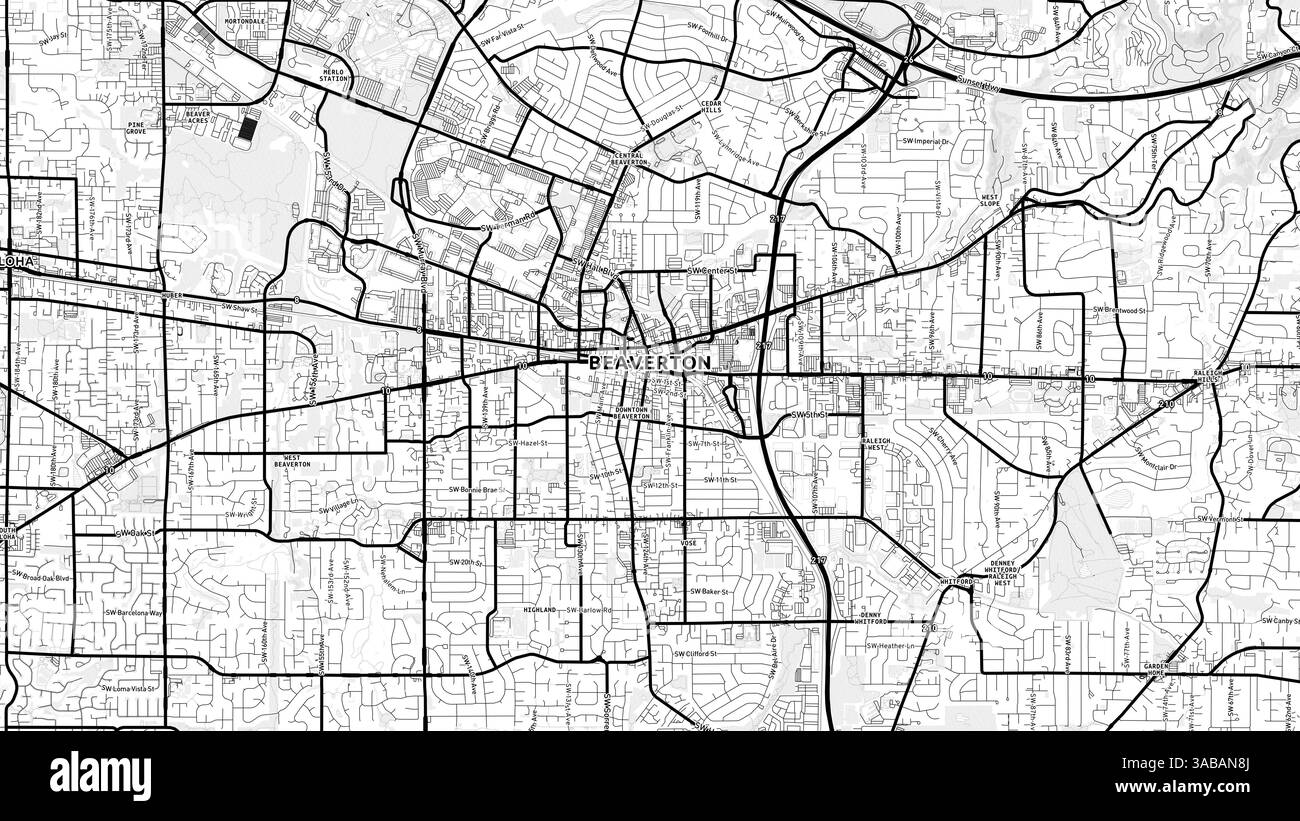 Minimalist Beaverton Street Map with Labels and Neighborhoods with many ...