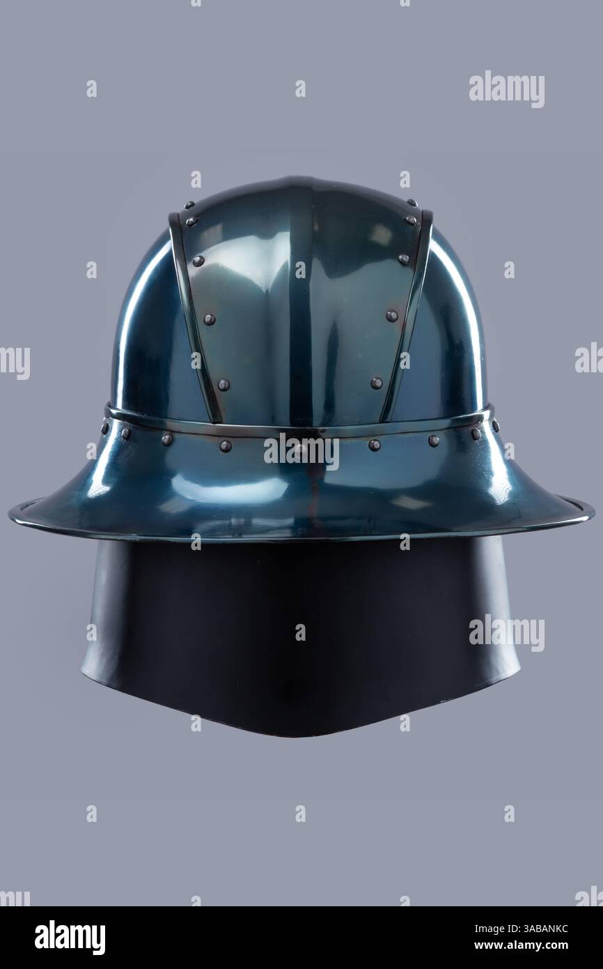 Dark Metal Helmet with Wide Brim and Grill Visor. This image shows a ...