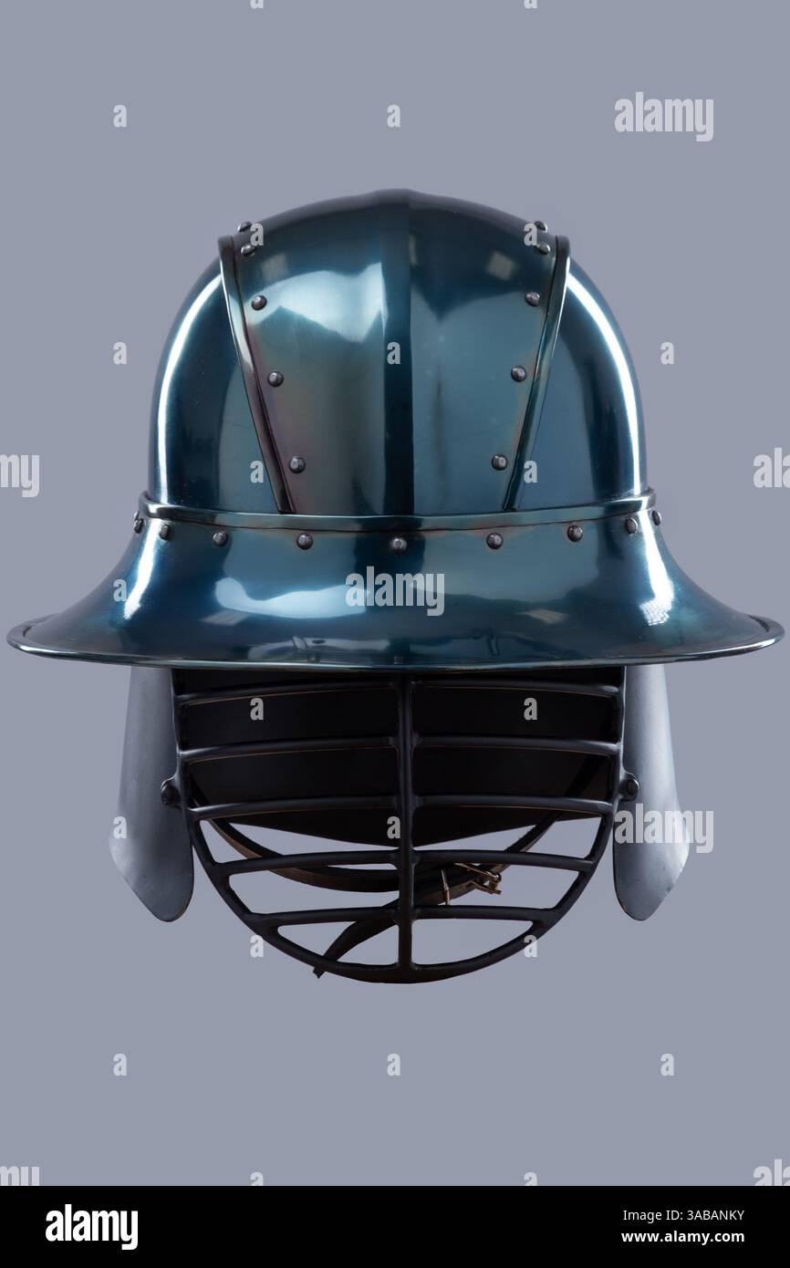 Dark Metal Helmet with Wide Brim and Grill Visor. This image shows a ...