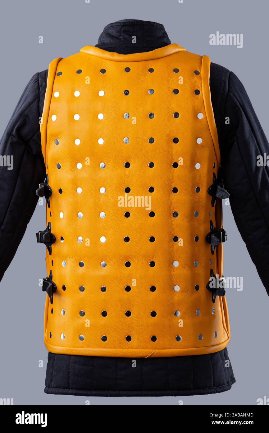 Bright Yellow Brigandine Armor with Studs. This image shows a bright ...