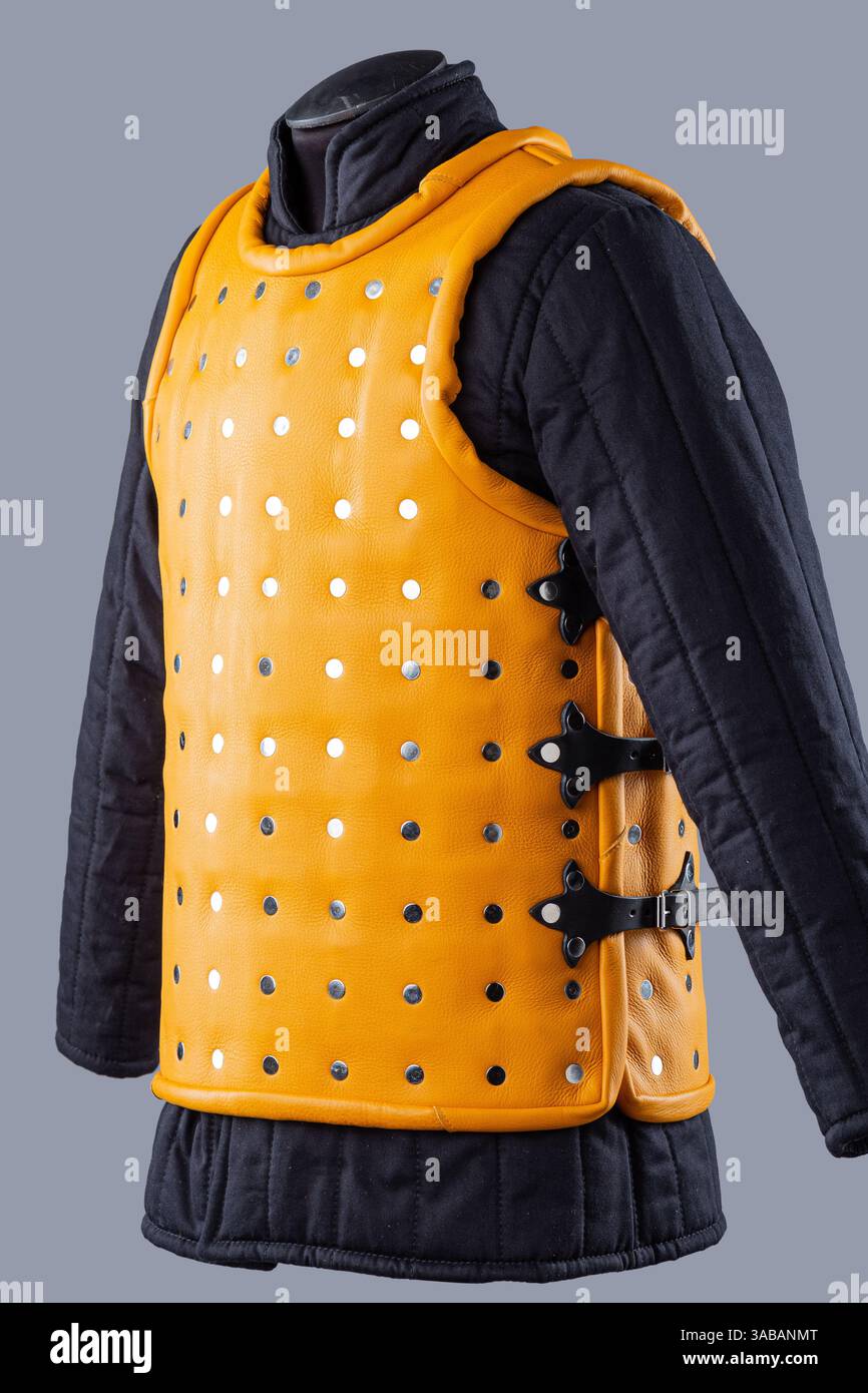 Bright Yellow Brigandine Armor with Studs. This image shows a bright ...