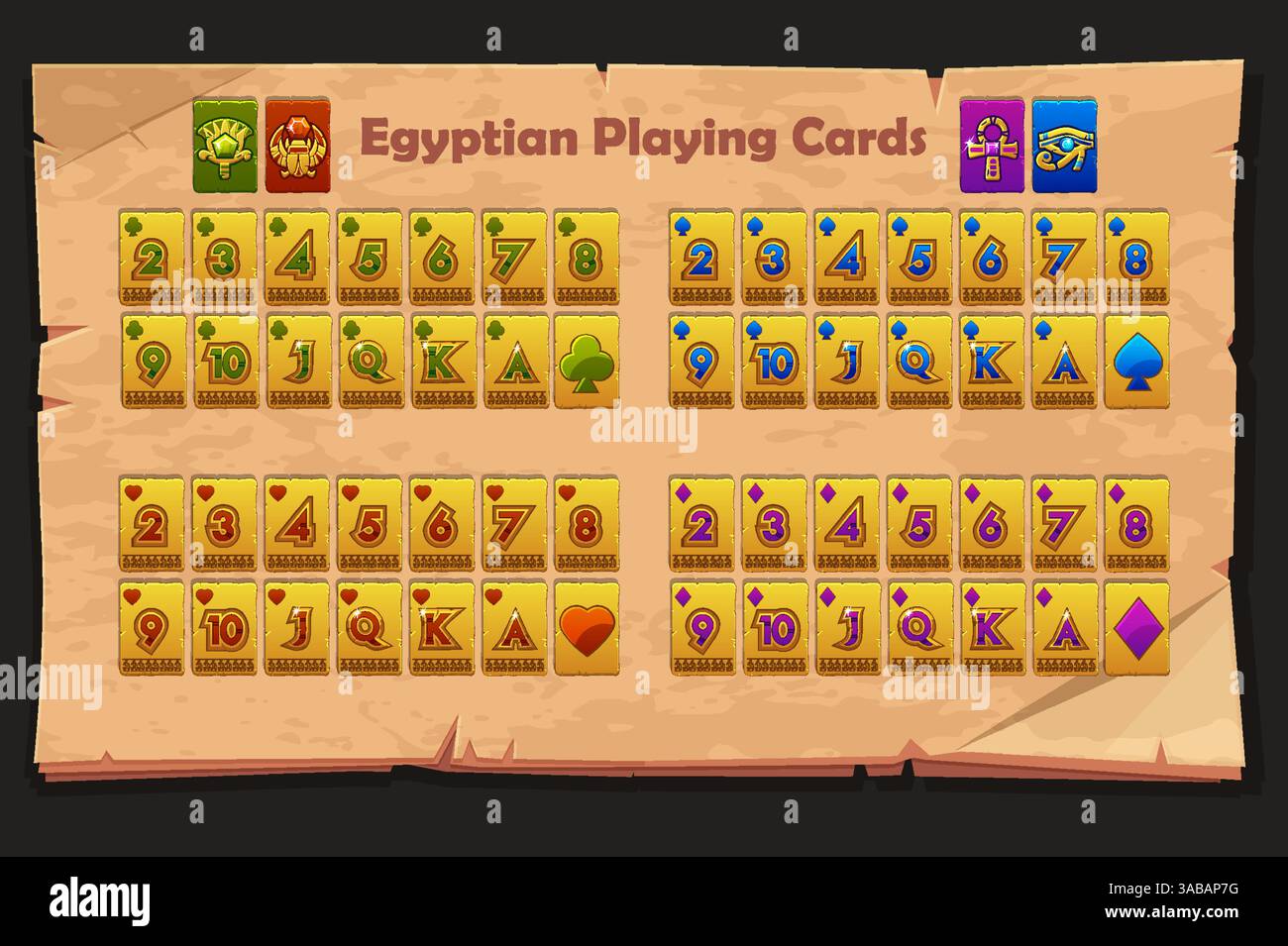 Egyptian Full deck of playing cards. Set with isolated golden cards for ...