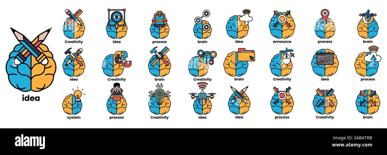 A Set of illustrations in the concept of brain and things in line art ...
