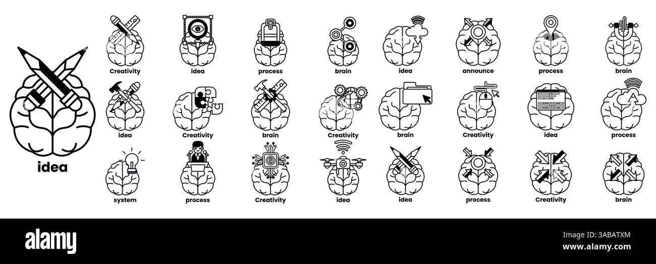 A Set of illustrations in the concept of brain and things in line art ...