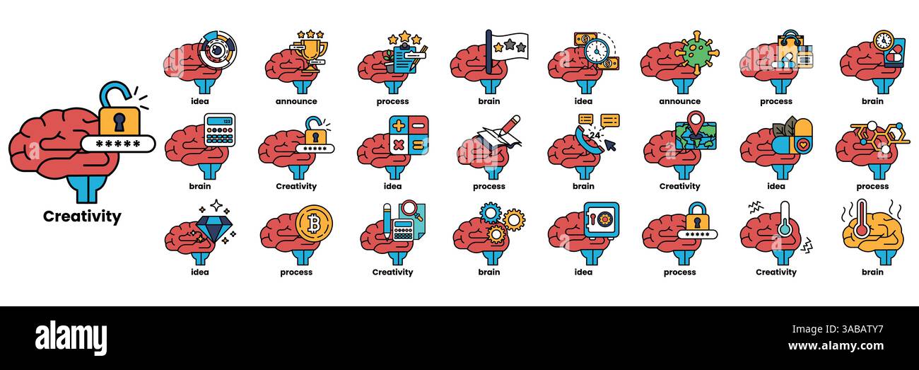 A Set of illustrations in the concept of brain and things in line art ...