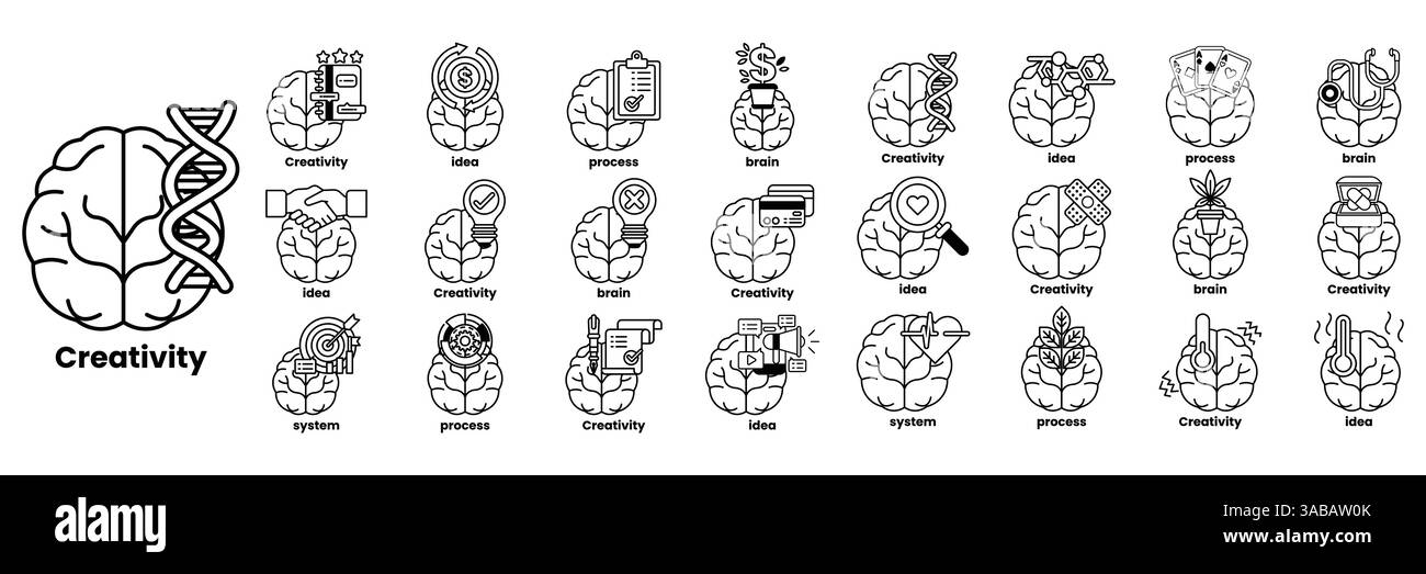 A Set of illustrations in the concept of brain and things in line art ...