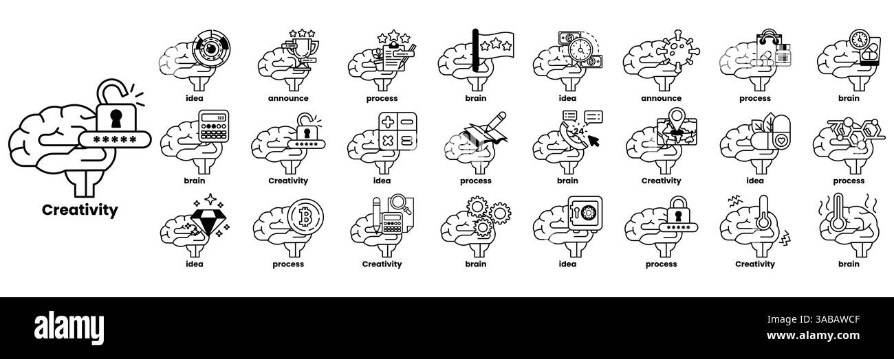 A Set of illustrations in the concept of brain and things in line art ...