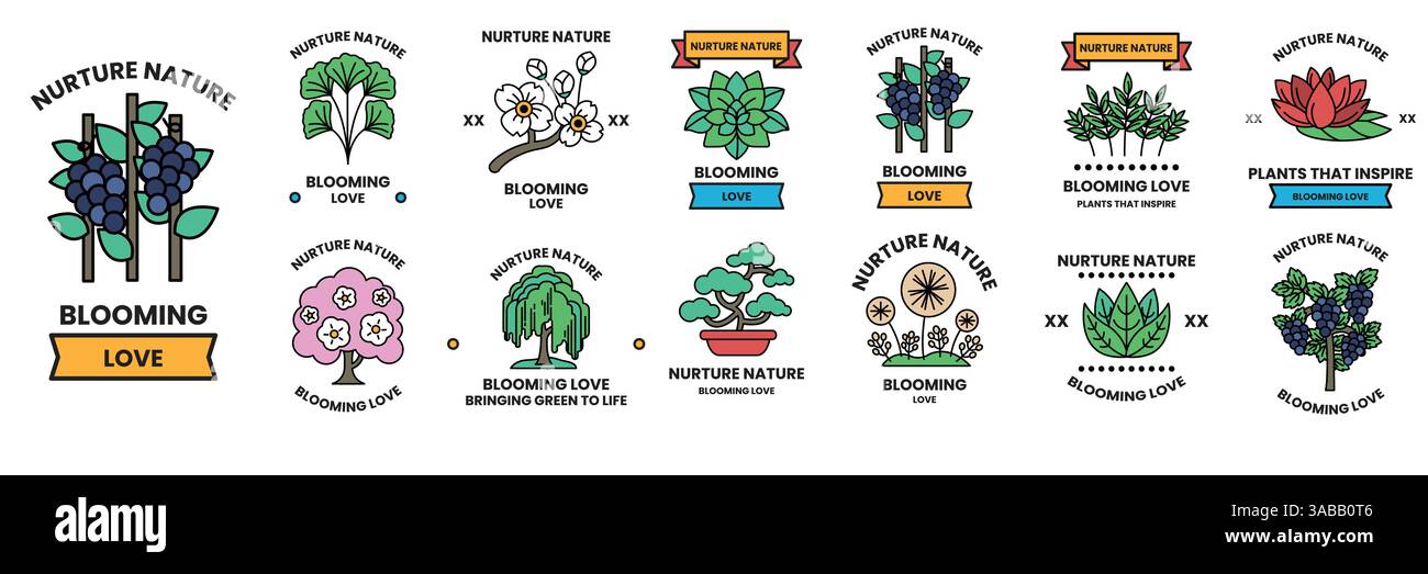 A Set of illustrations in the concept of flowers and trees in line ...