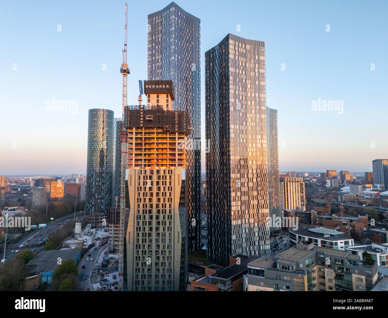 Aerial image of Deansgate High-rises in Manchester UK touched by the ...