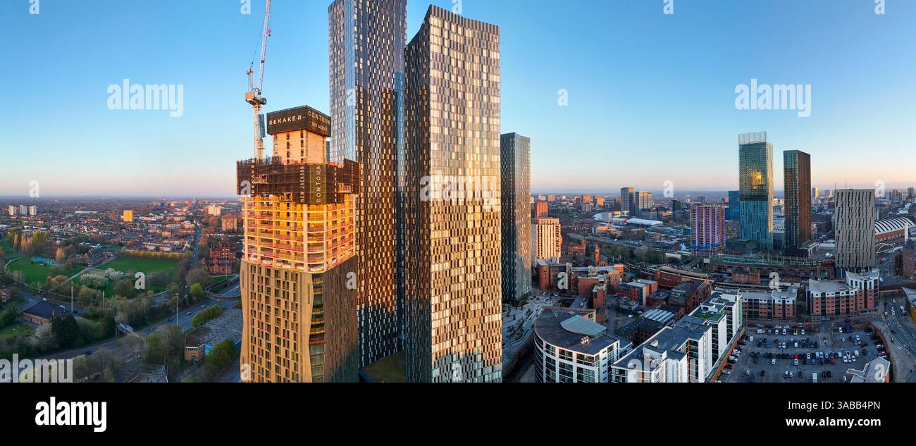 Aerial image of Deansgate High-rises in Manchester UK touched by the ...