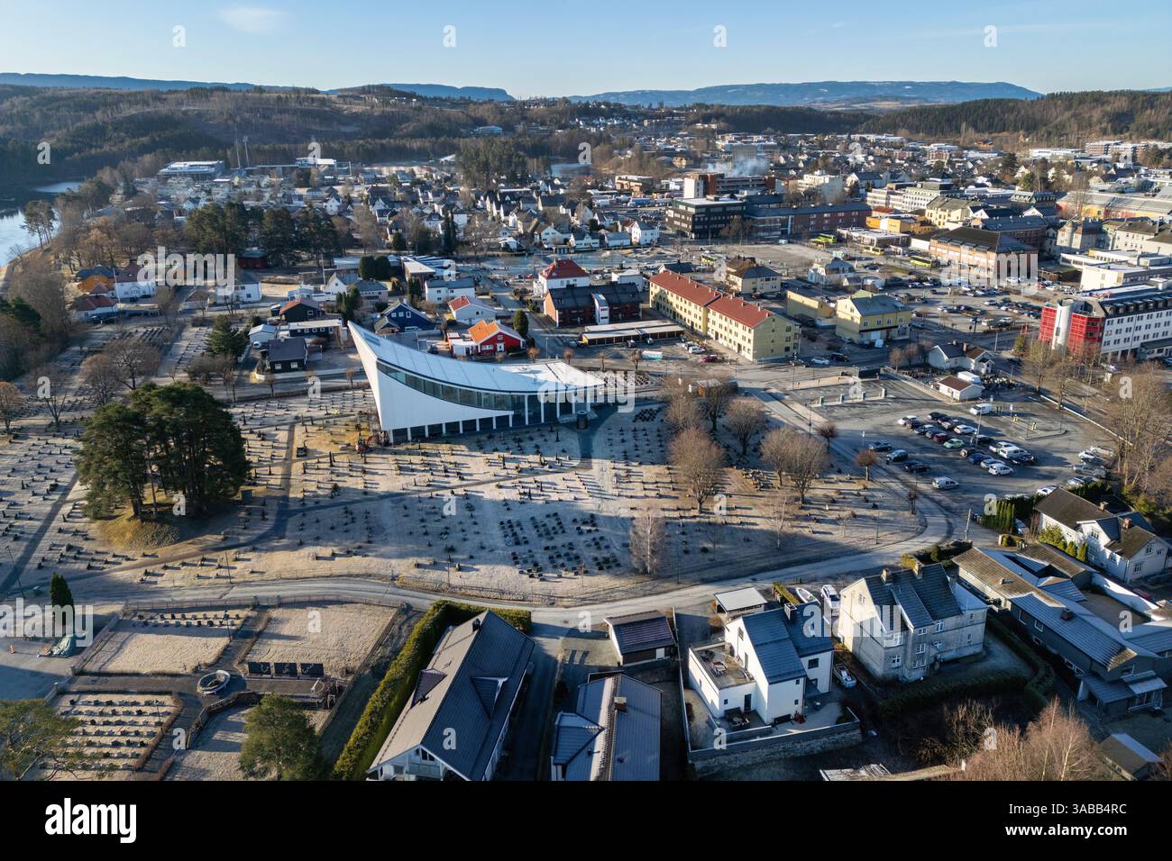 Honefoss 20250331. Drone photo of Honefoss church. The church burned to ...