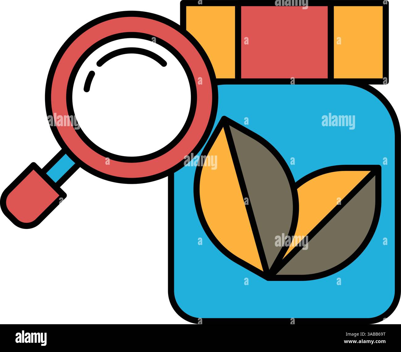 A jar with a magnifying glass on it. The jar is blue and has a yellow ...