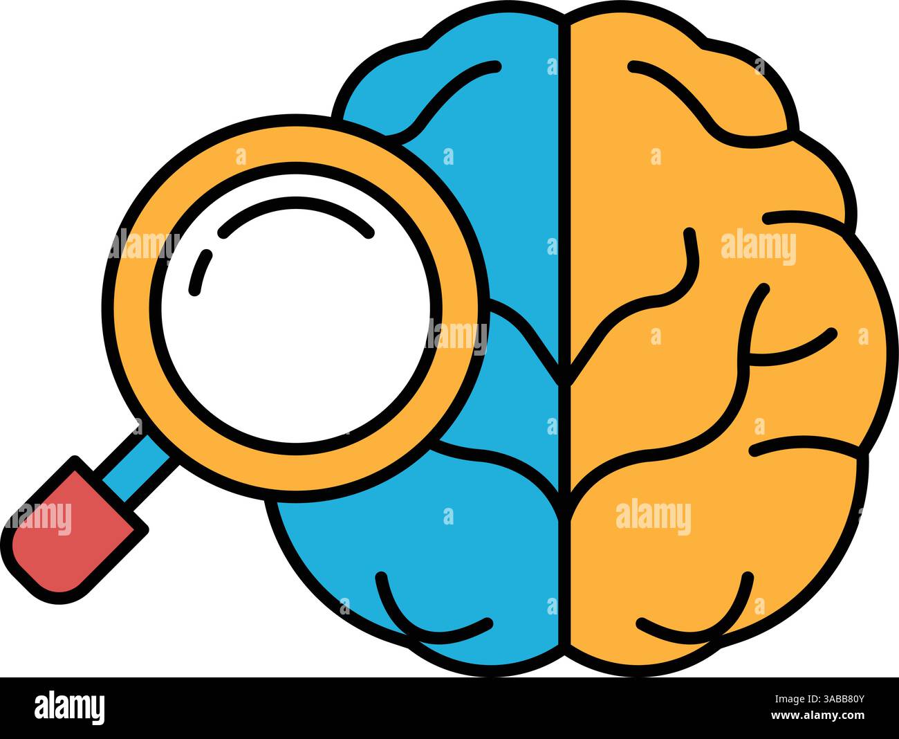 A brain with a magnifying glass on it. The brain is split into two ...