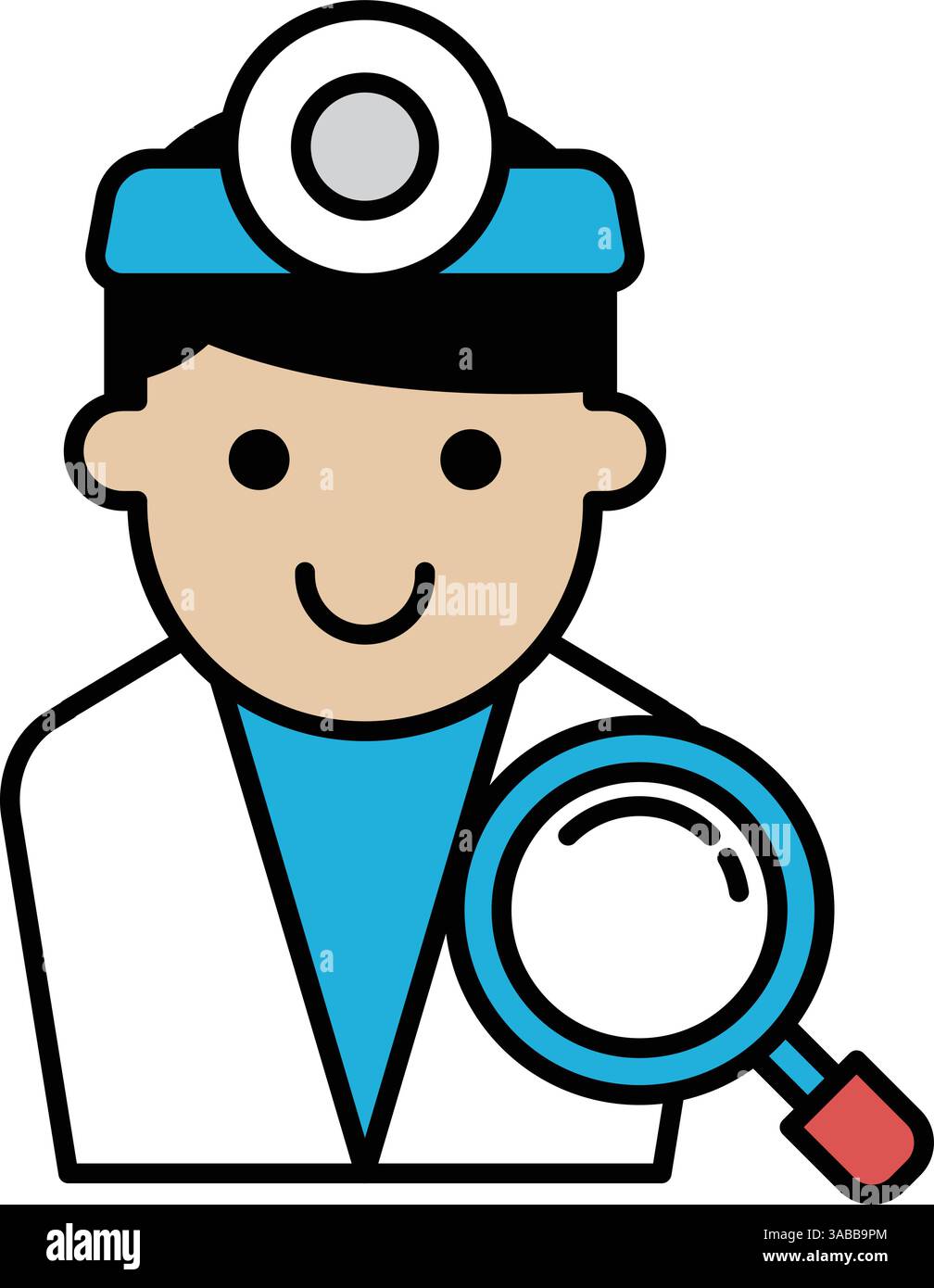 A cartoon doctor is holding a magnifying glass and smiling. Concept of ...