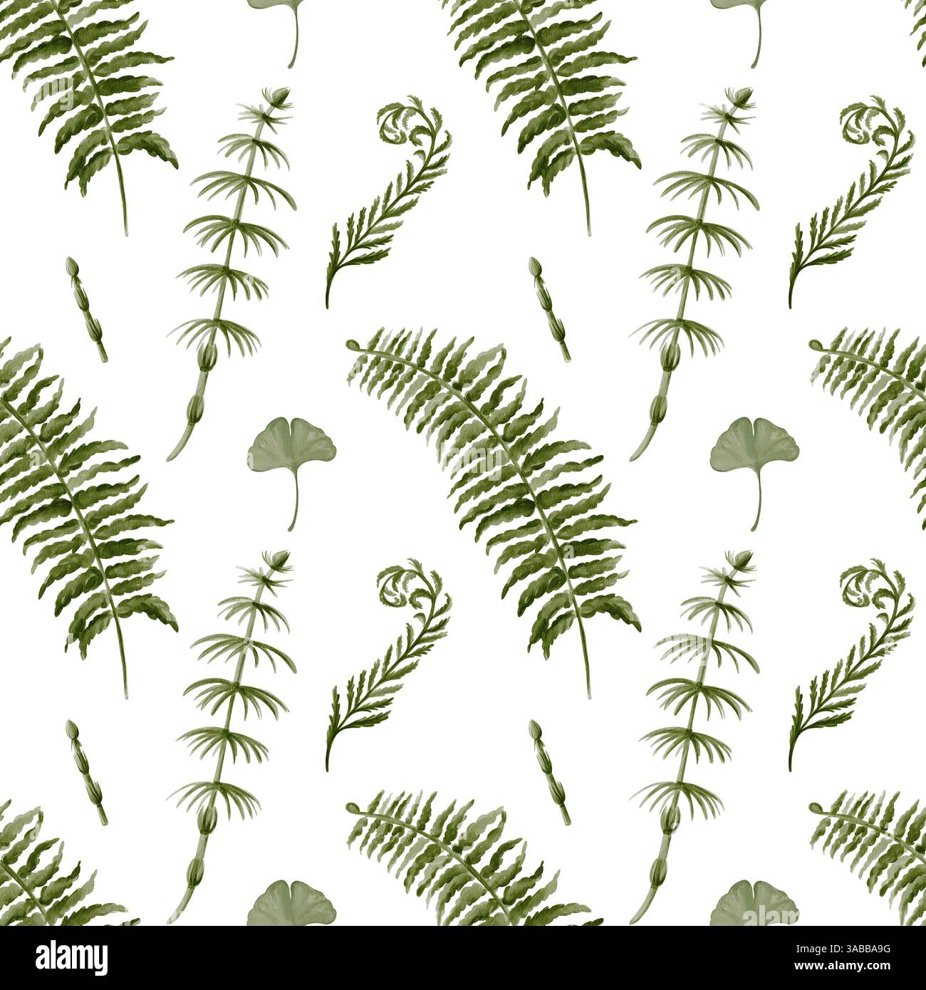 Seamless pattern with plants. Prehistoric fern and horsetail. Herbs of ...