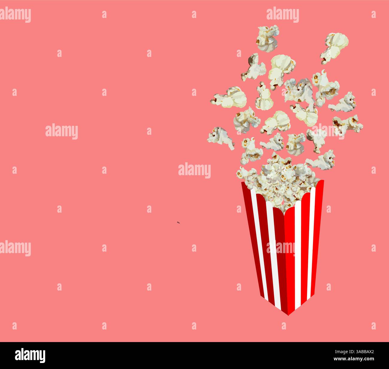 Red and white striped bucket and popcorn flying isolated on pink ...