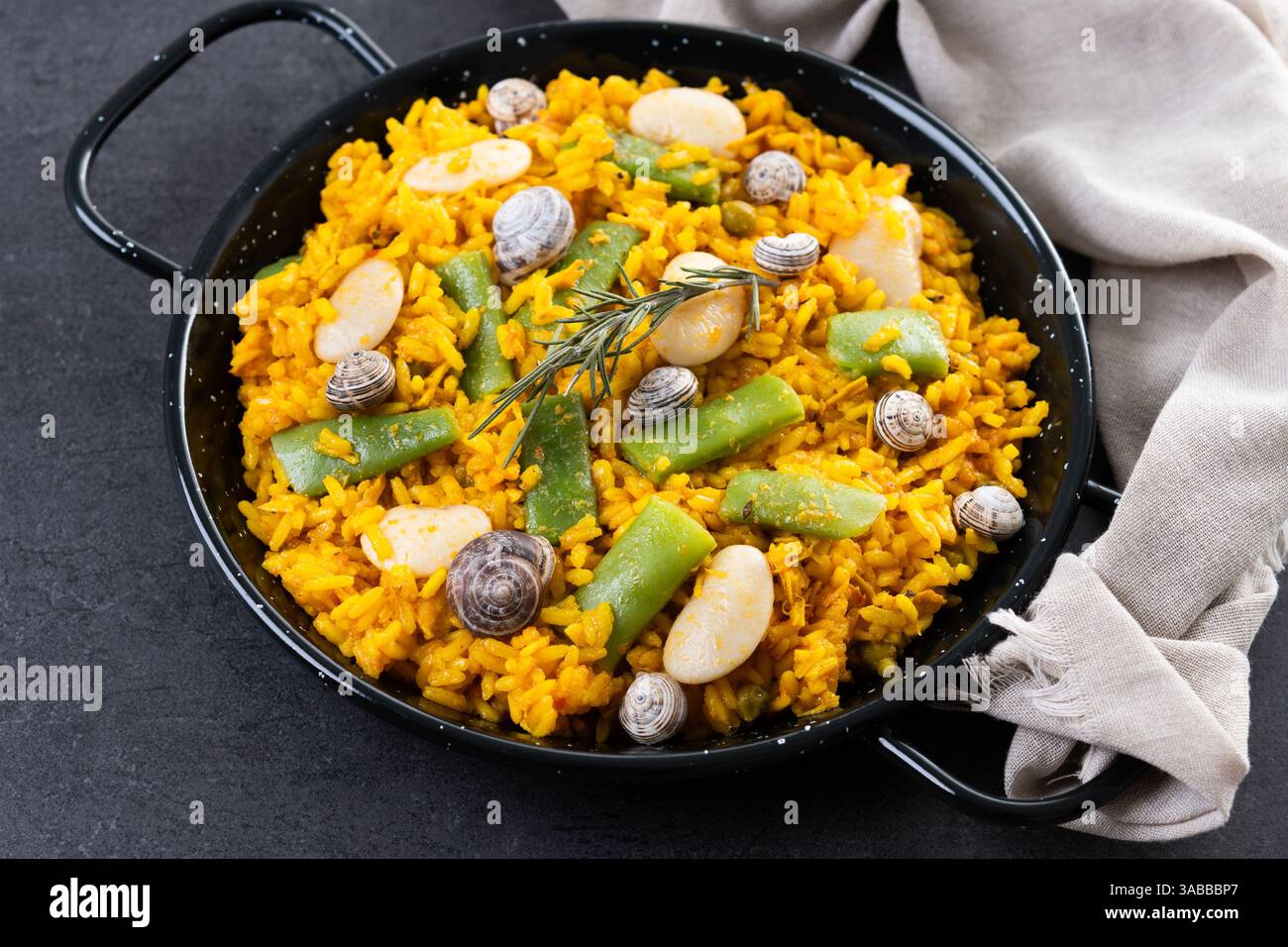 Traditional Valencian paella with rabbit, chicken, garrofon beans ...