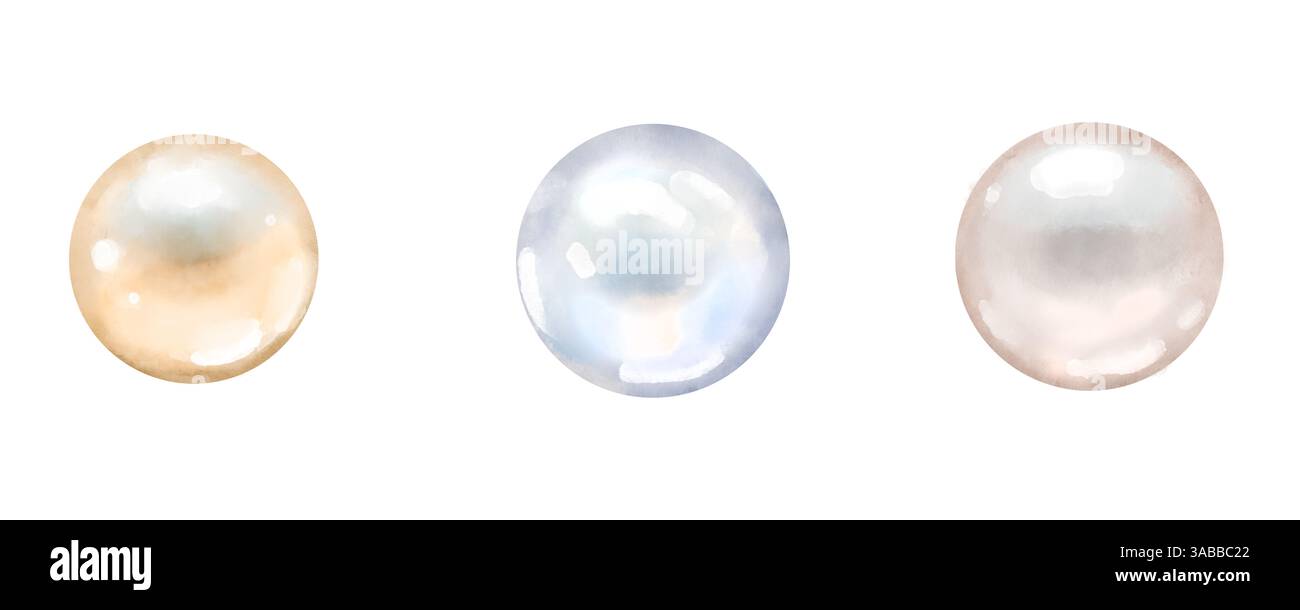 Luminous sea and ocean pearls. Digital watercolor illustration. A set ...